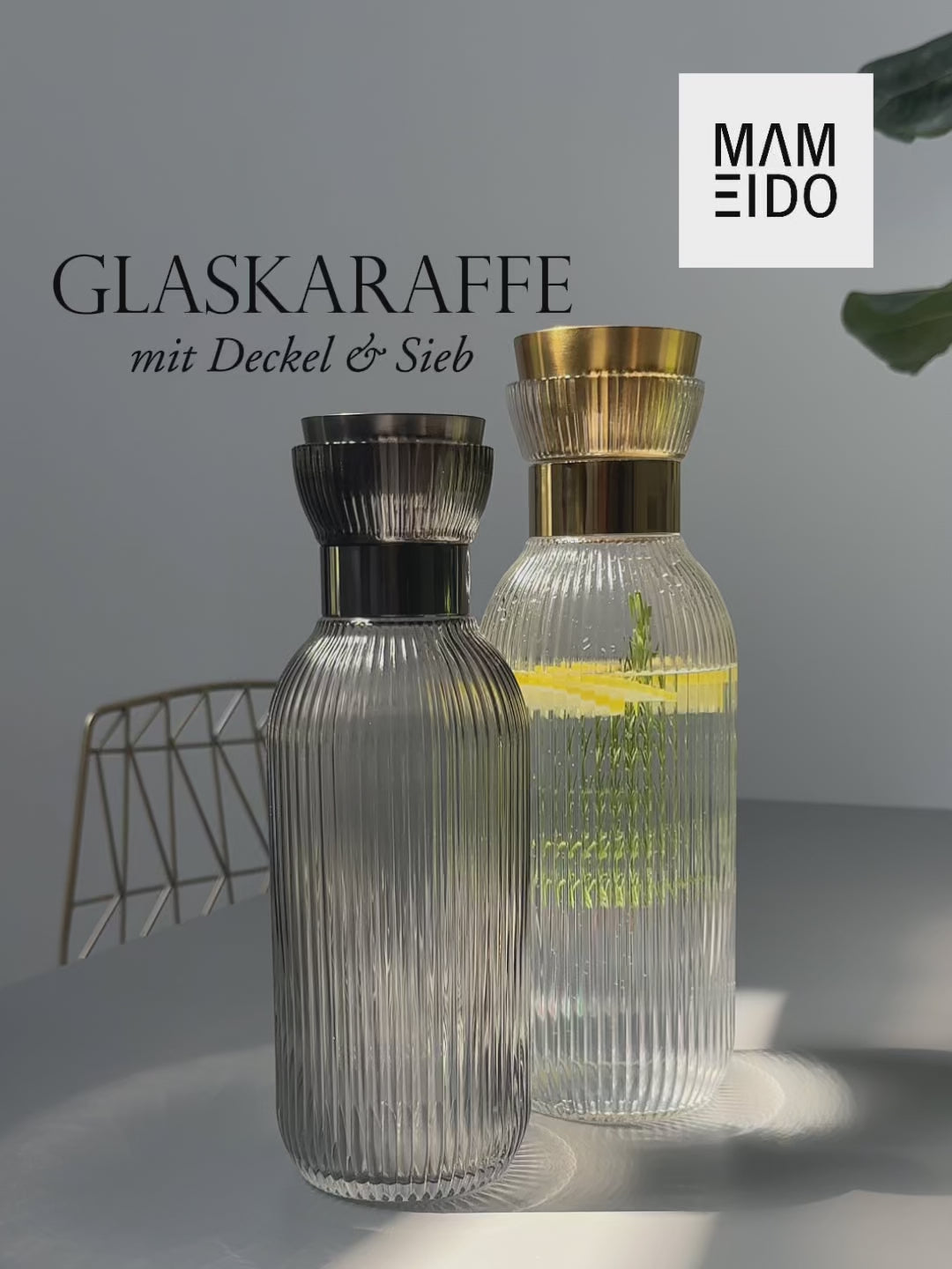 MAMEIDO Wasserkaraffe mit Deckel & Sieb aus Glas 1l & 1,5l